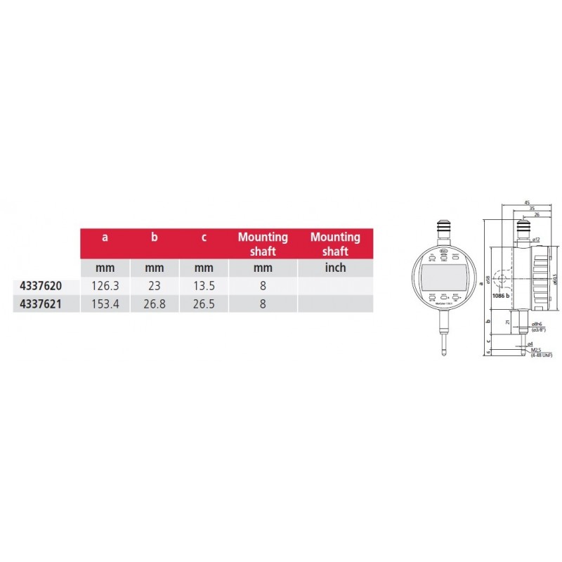 Comparador digital MarCator 1086 ZR IP42. Rango de medición 25 mm.